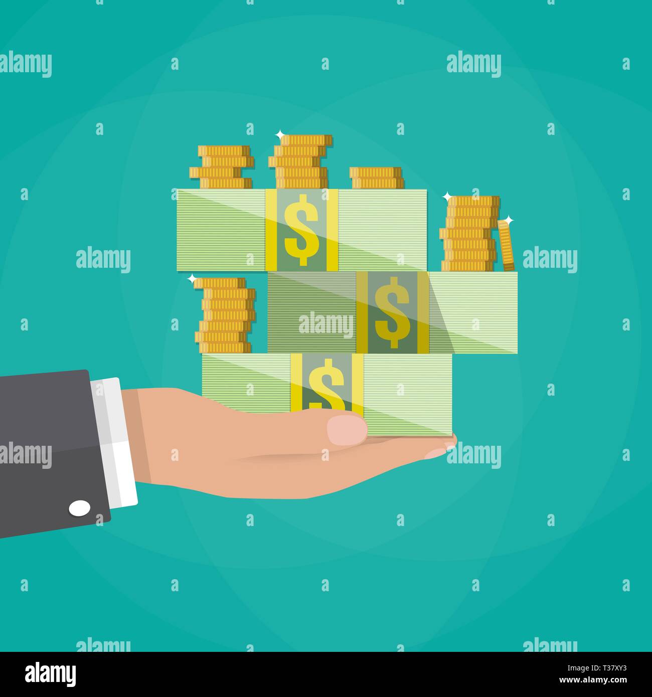 Cartoon businessman hand holding stacks of cash and coins. vector ...