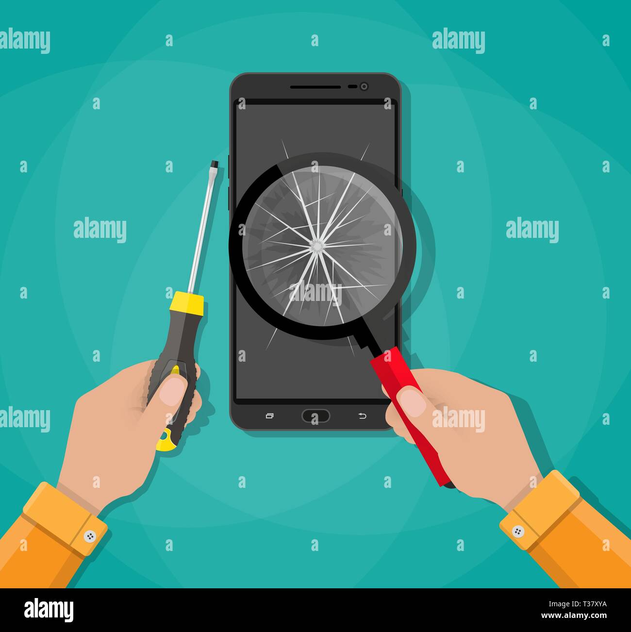 Hands with mobile phone with broken screen and screwdriver. fix phone ...