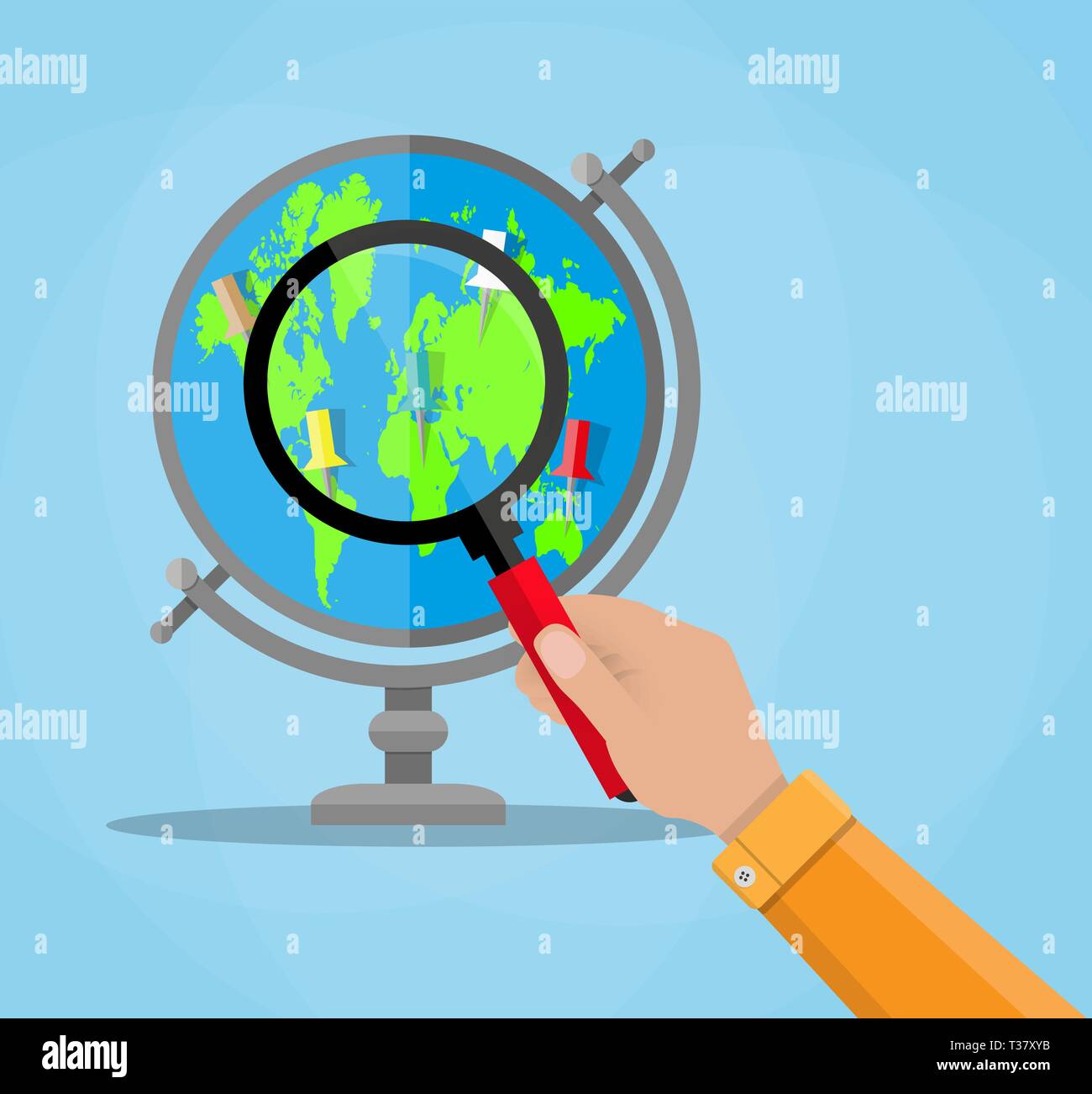 Globe with blue earth and green continents world map and magnifying ...