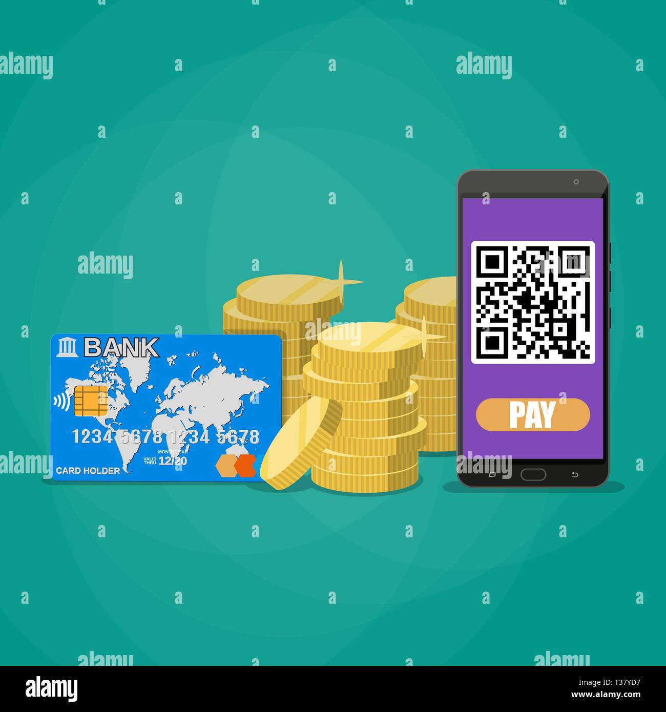 Phone wit qr code application, gold coins stacks and bank card ...