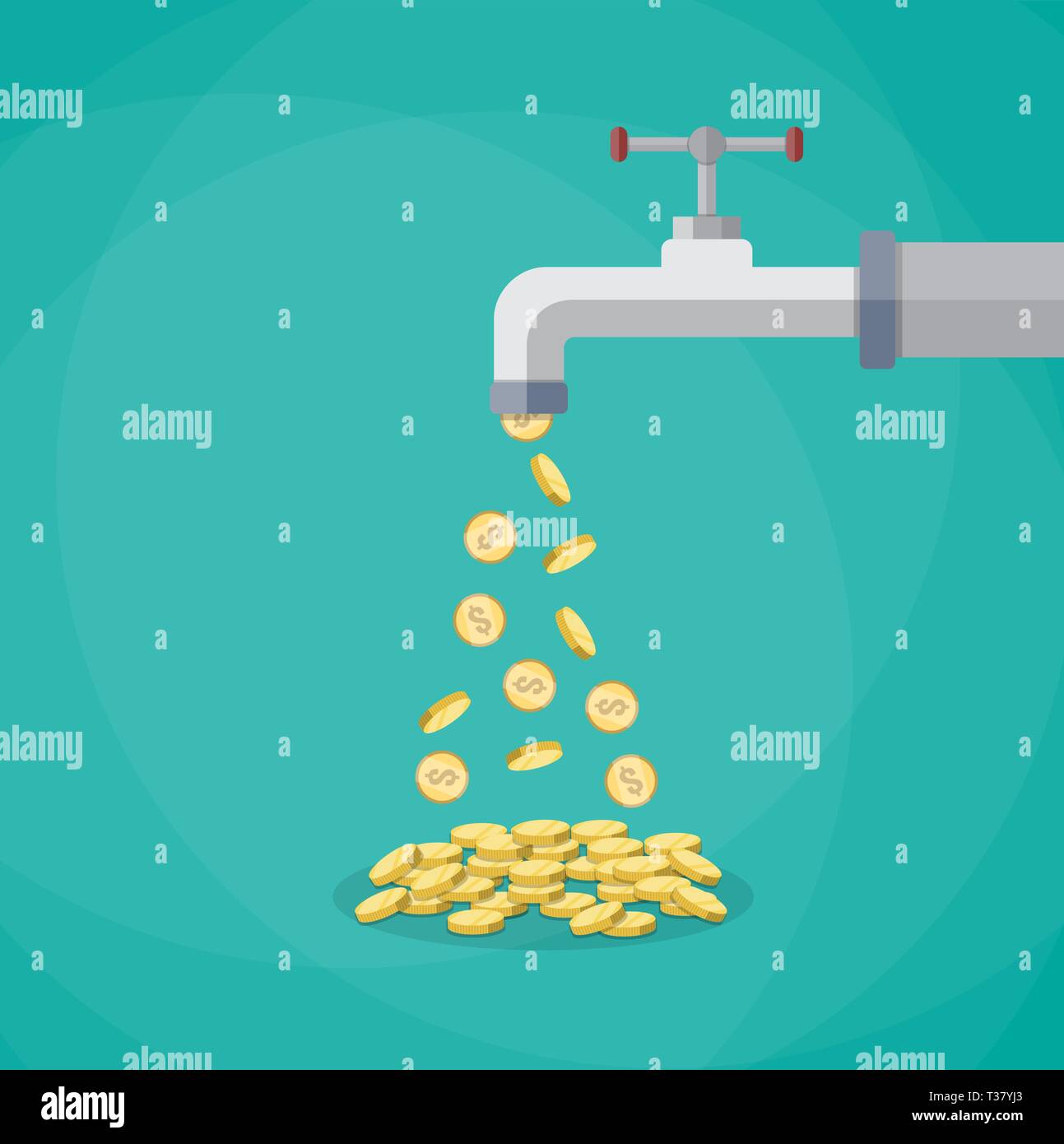 Golden coins fall out of the metal tap. Vector illustration in flat ...