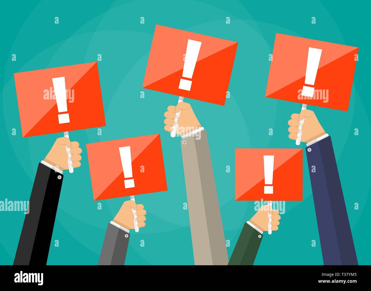 Five cartoon businessmens hands holding red sign boards with ...
