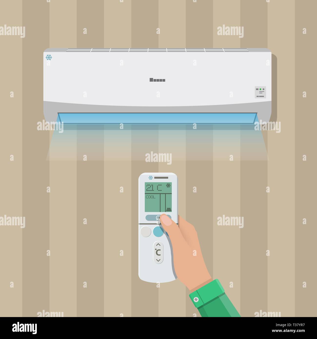 Air conditioner system. hand with remote control and internal unit on ...