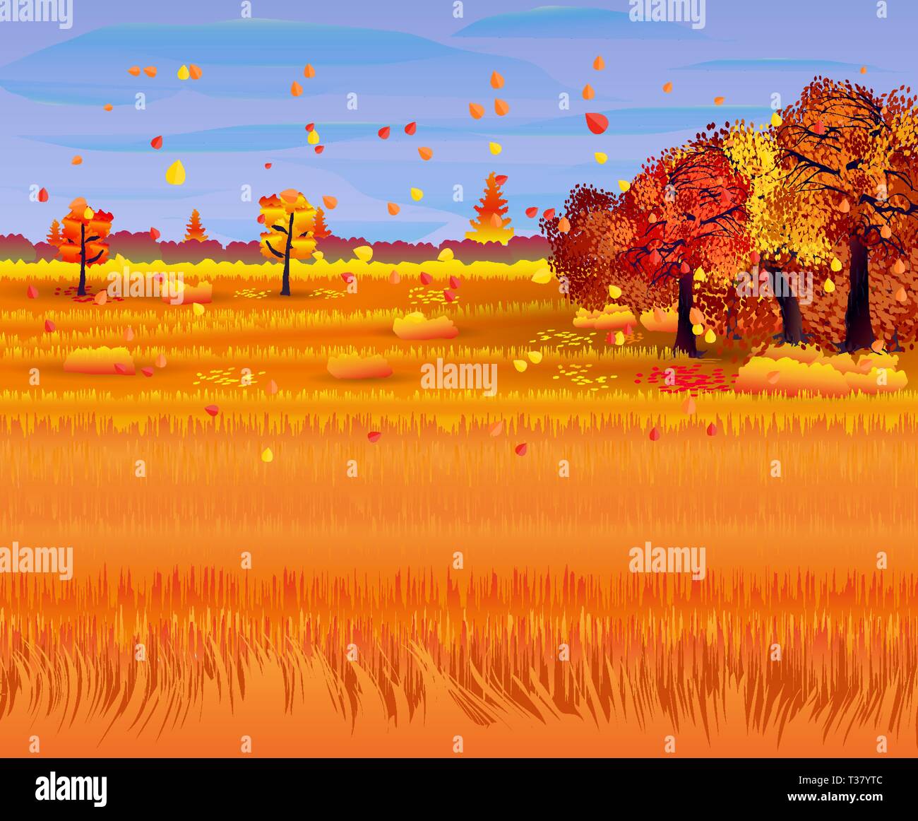 Autumn nature landscape with forest and field. vector illustration ...