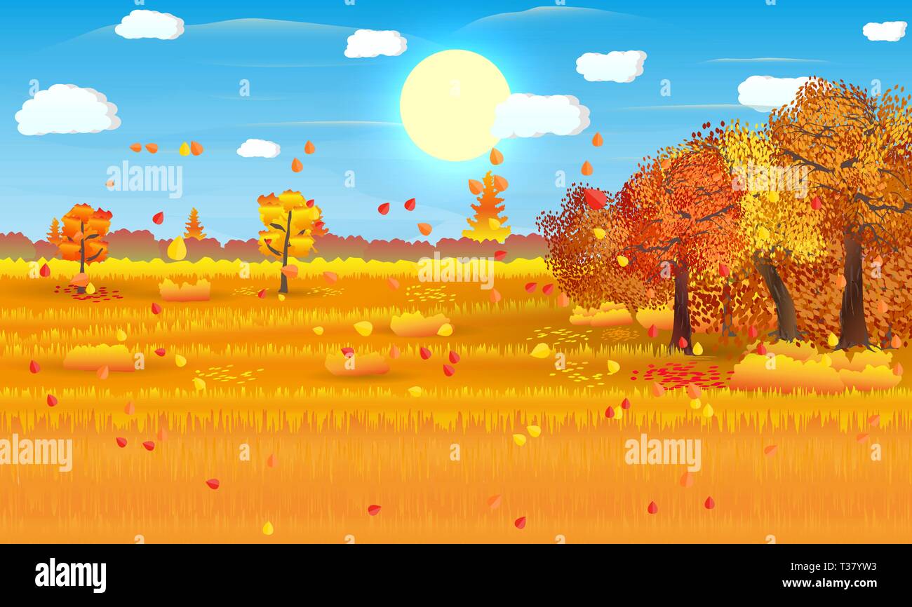 Autumn nature landscape with forest and field. vector illustration ...