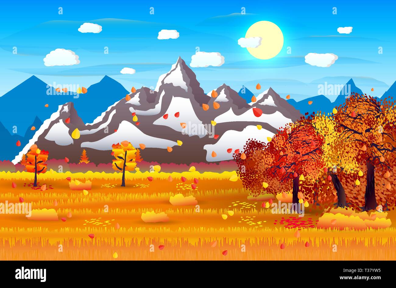 nature landscape with forest, field and mountains sun. vector ...