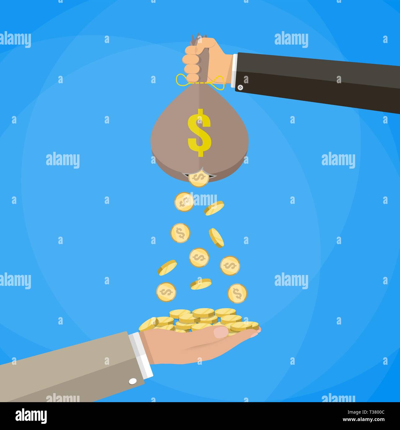 Cartoon businessman hand holding money bag and losing golden coins that ...