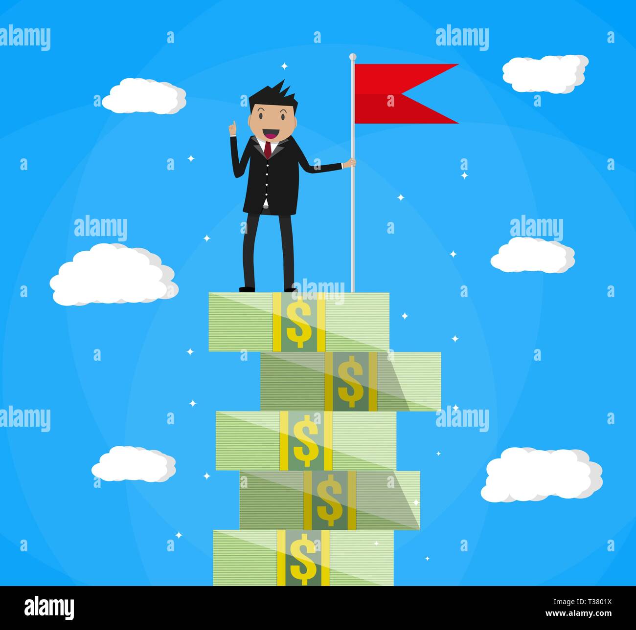 happy businessman with winners flag standing on money stairs. vector ...