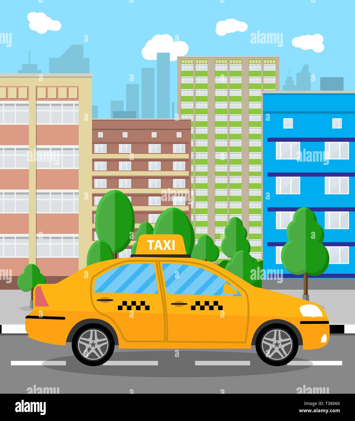 Urban cityscape with taxi cab. vector illustration in flat style Stock ...