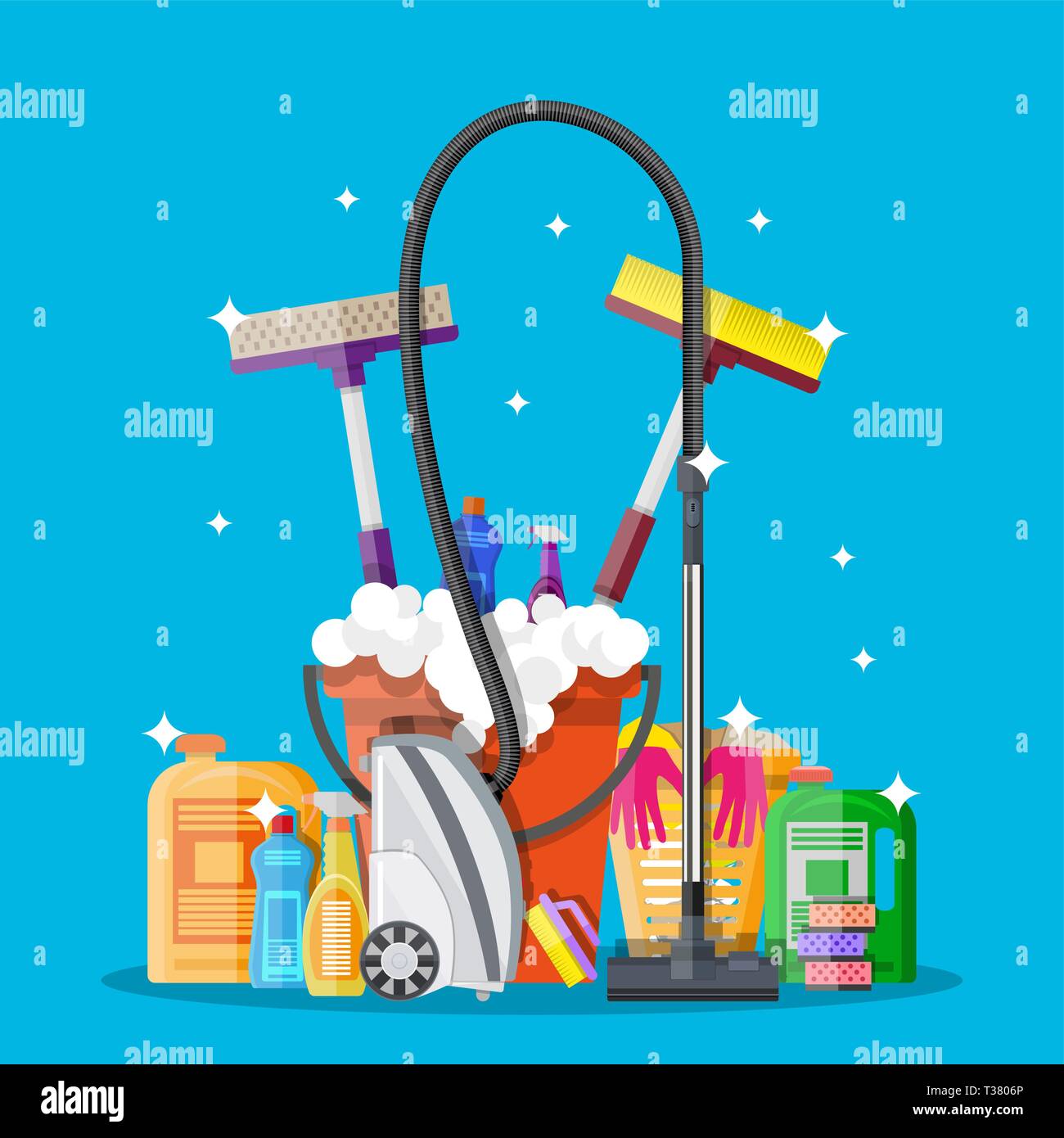 Cleaning set. mop, sponge, bucket, cleaning products in bottle for ...