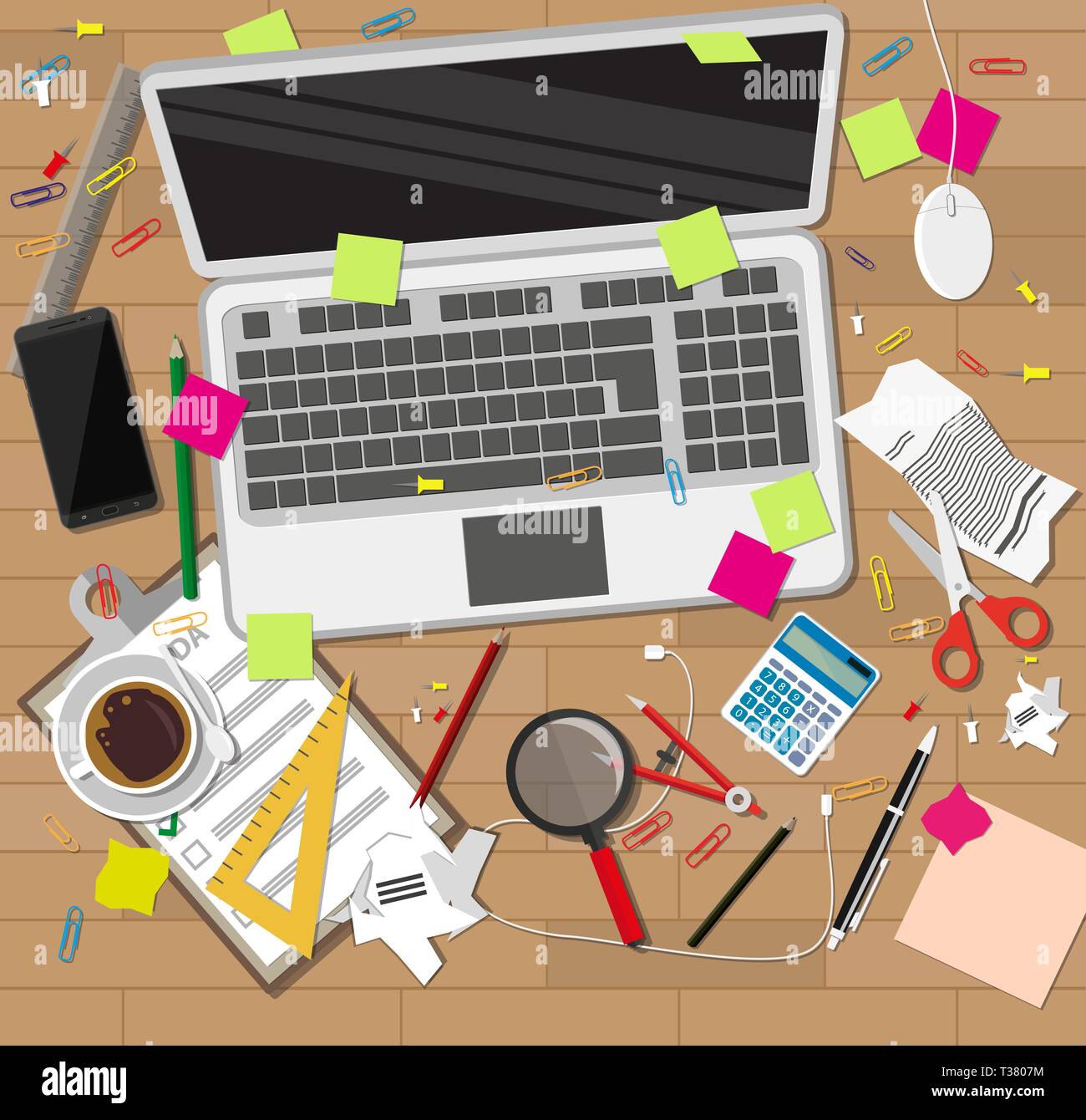 Creative mess on wooden desk. chaos on table. vector illustration in ...