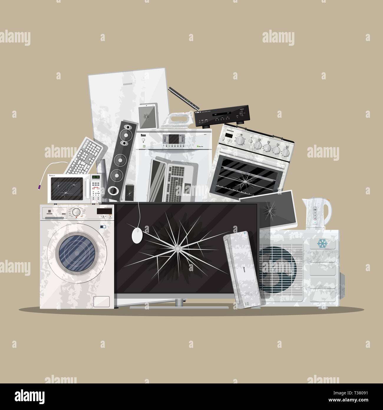 e-waste electrical and electronic equipment pile. Computer and home ...