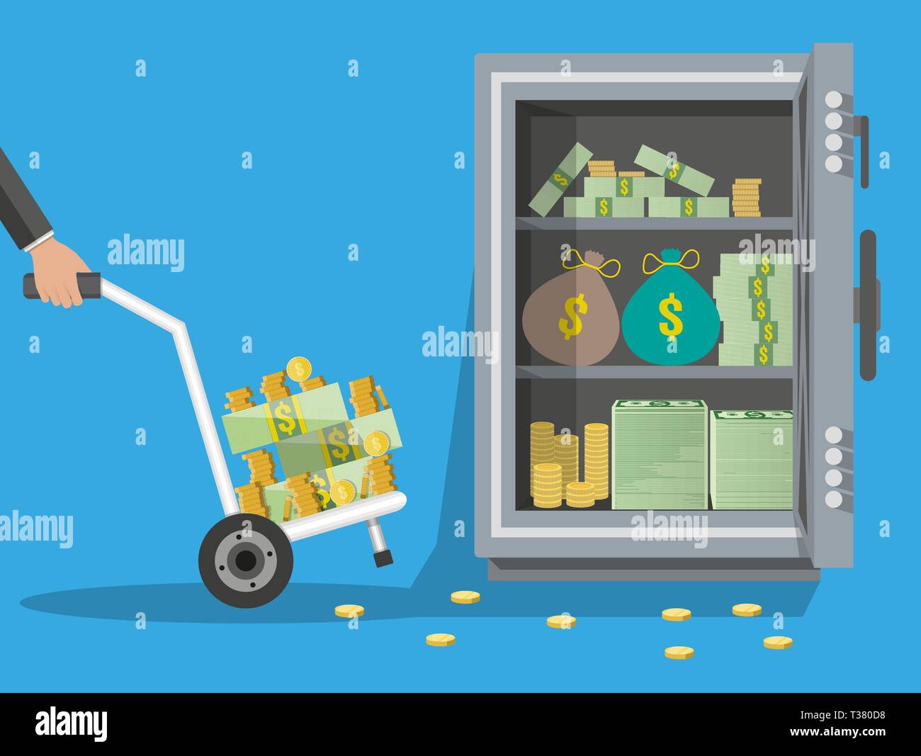 Business man with a hand truck full of money and coins. steel safe with ...
