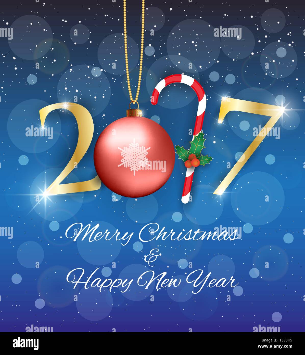 Golden New year 2017 sign with candycane holy leaves and red glass ball ...