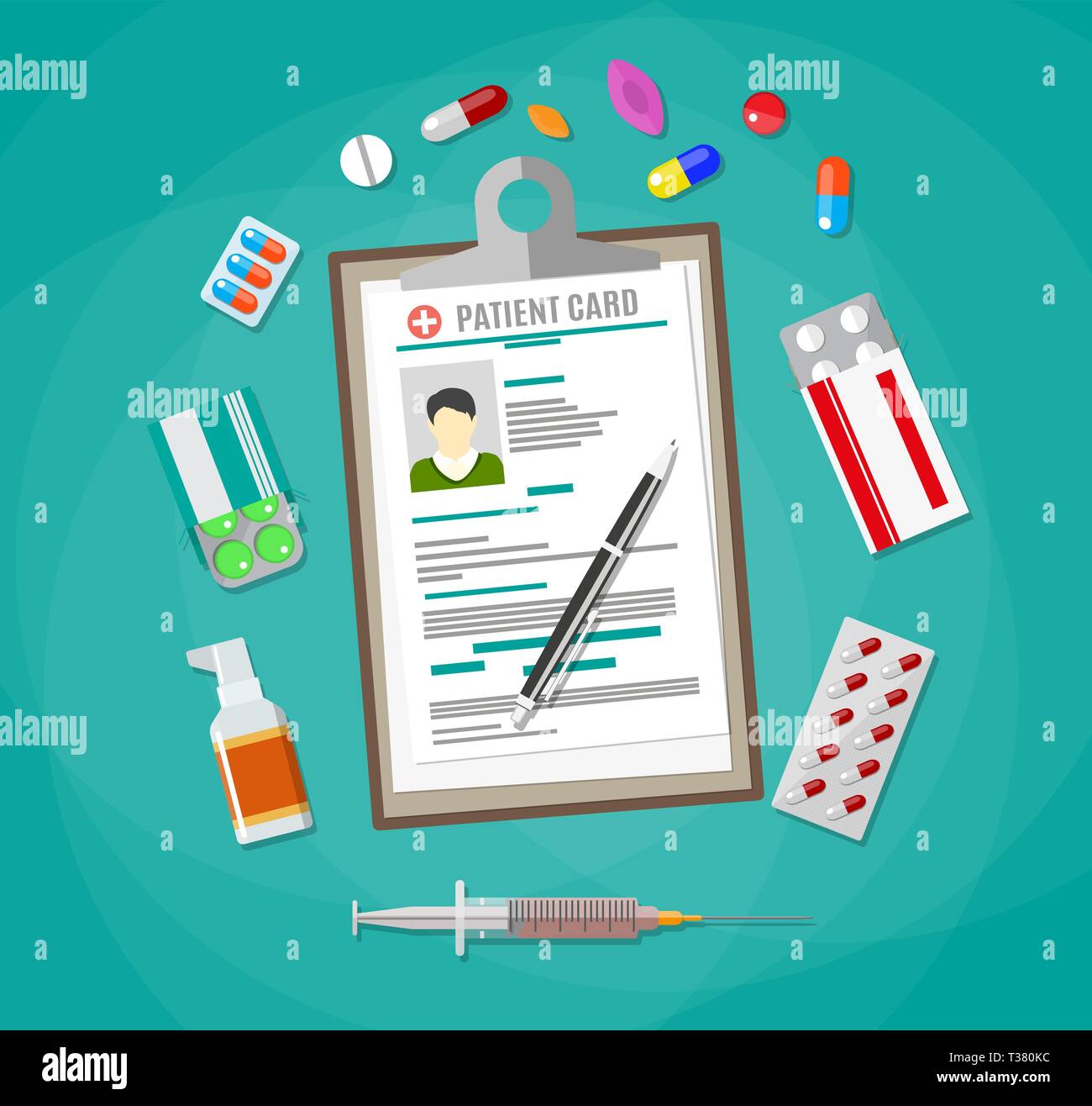Clipboard with patient card and pen. pills, capsules, syringe, tablets ...