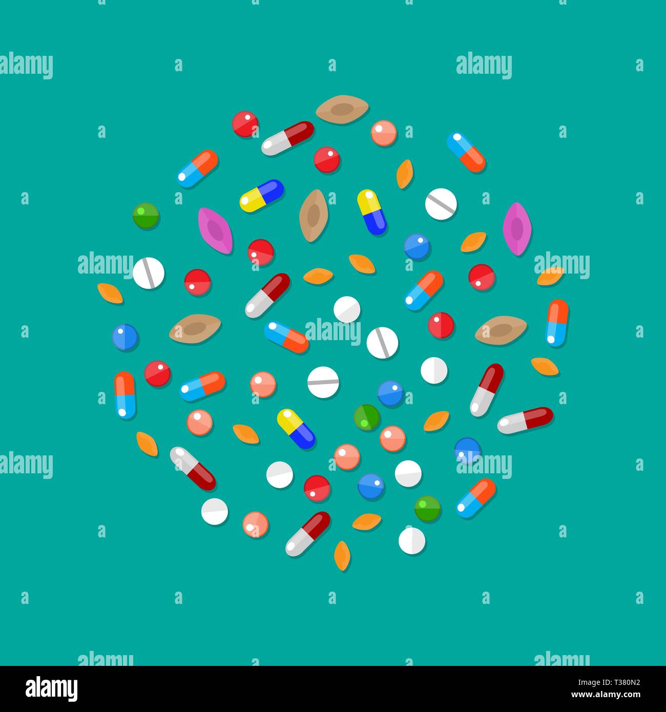 Different colorful medical pills capsules and tablets in circle ...