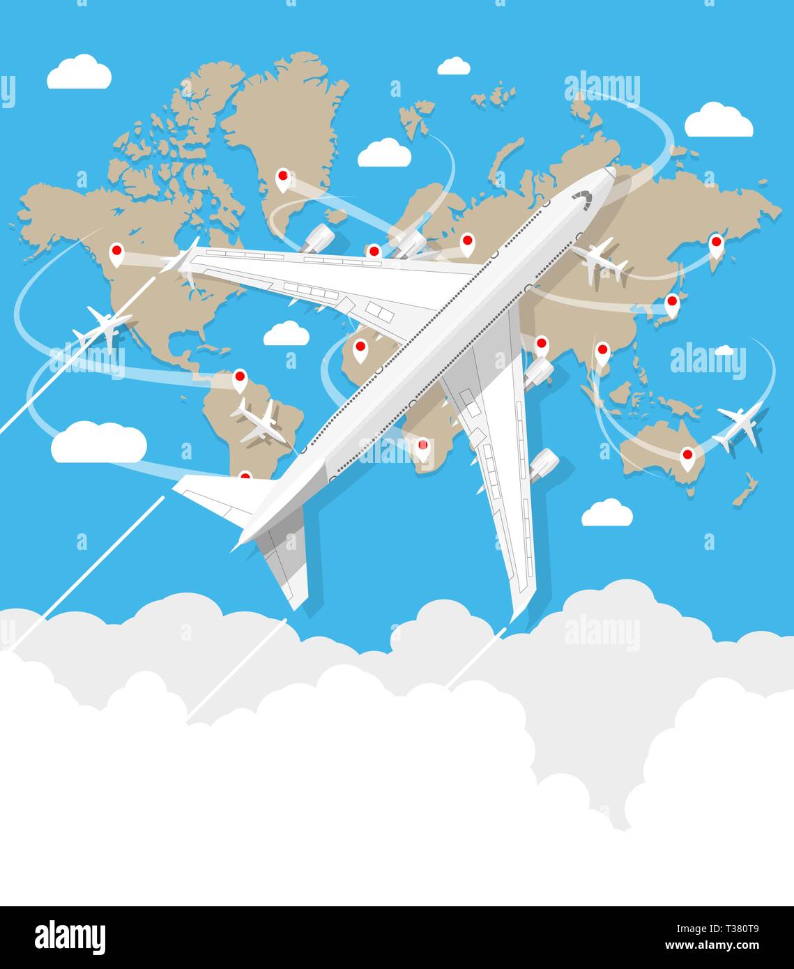 Travel concept. World map, airplane, sun in the sky with clouds on blue ...