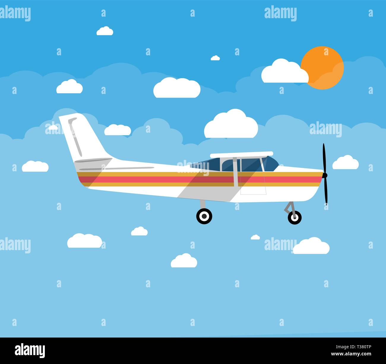 Small personal airplane in air with sky, clouds and sun. vector ...
