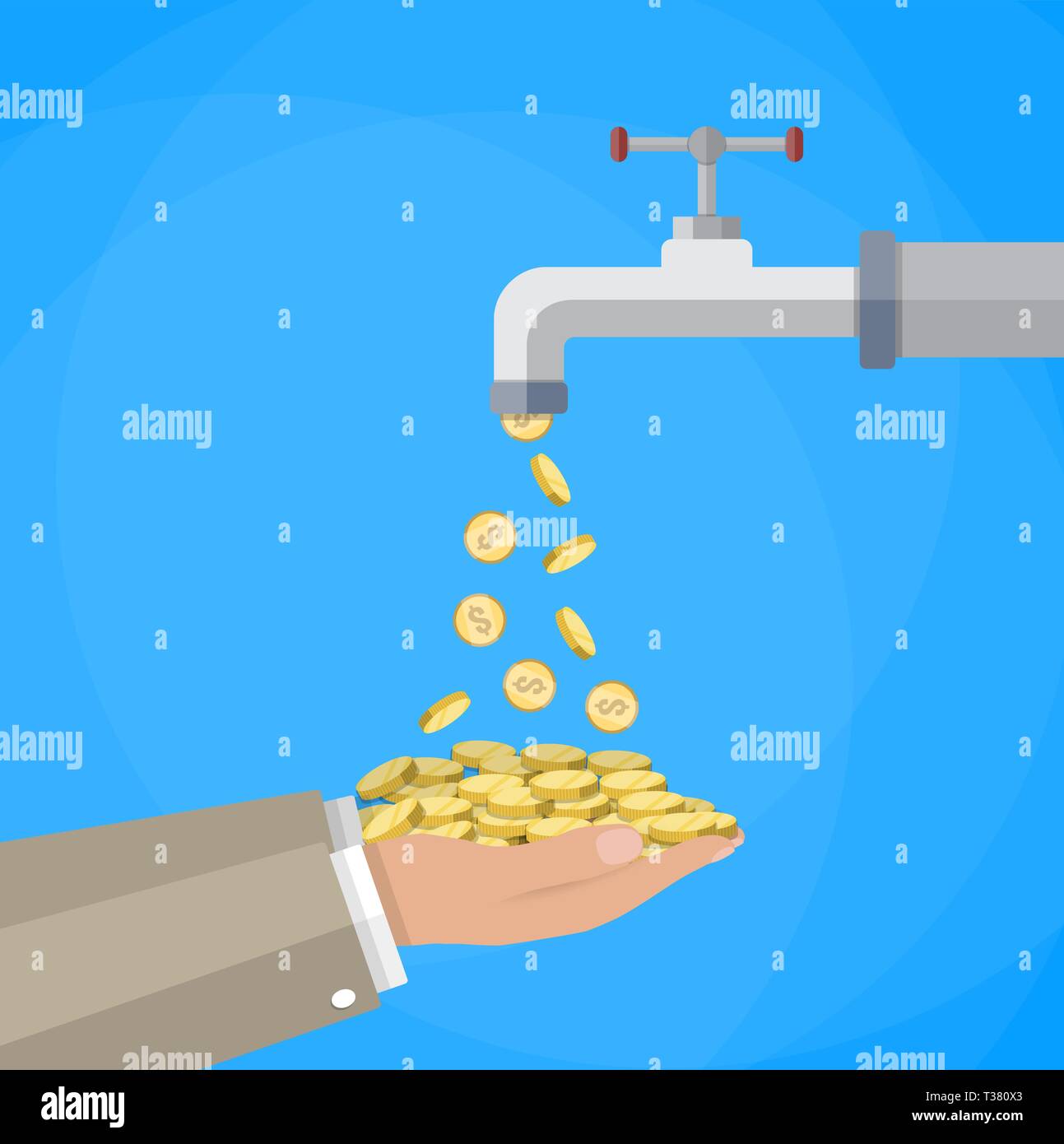 Money coins flows to hand from tap. vector illustration in flat style ...