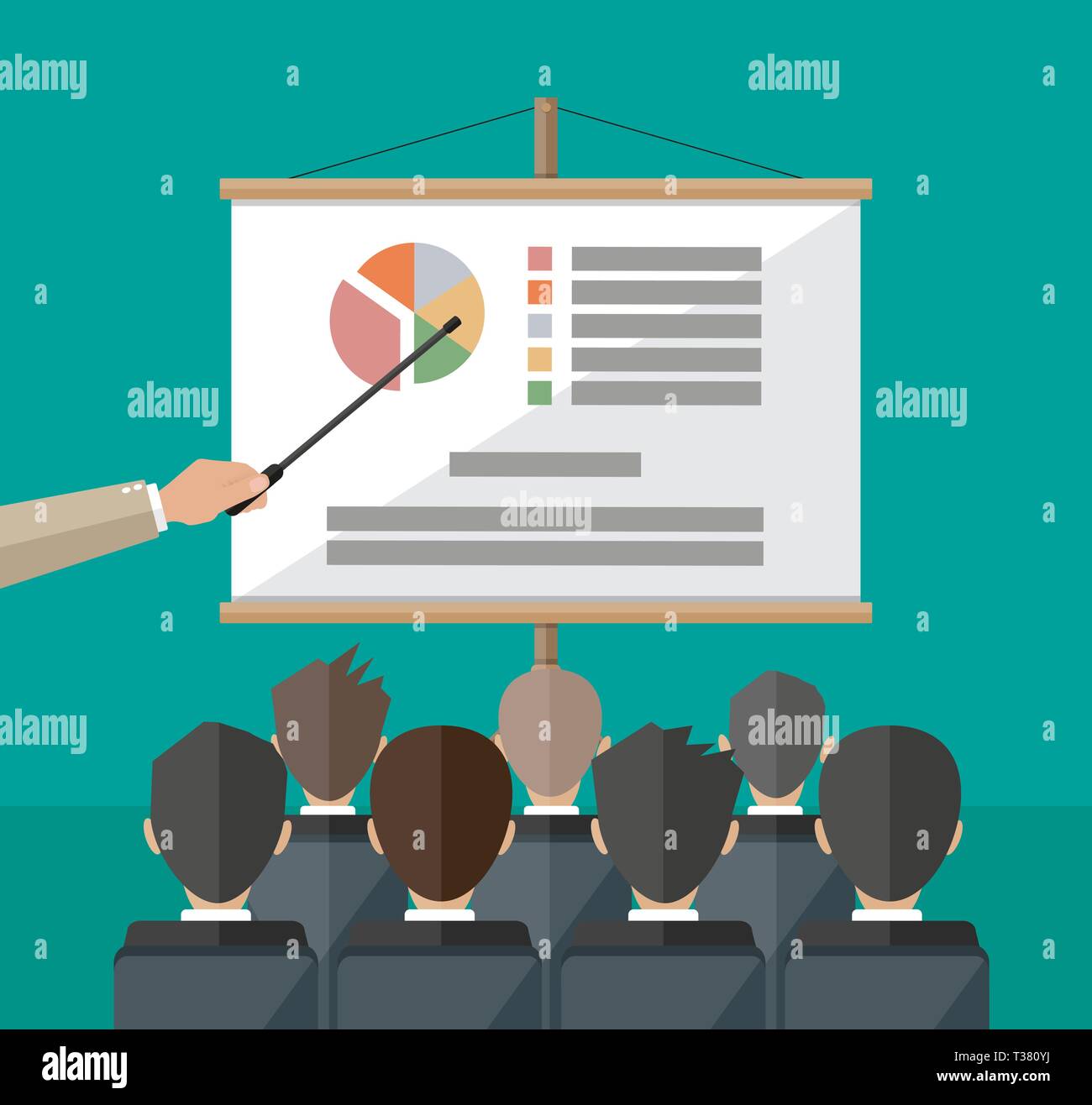 hand of teacher with pointer in front of screen with chart pie do ...