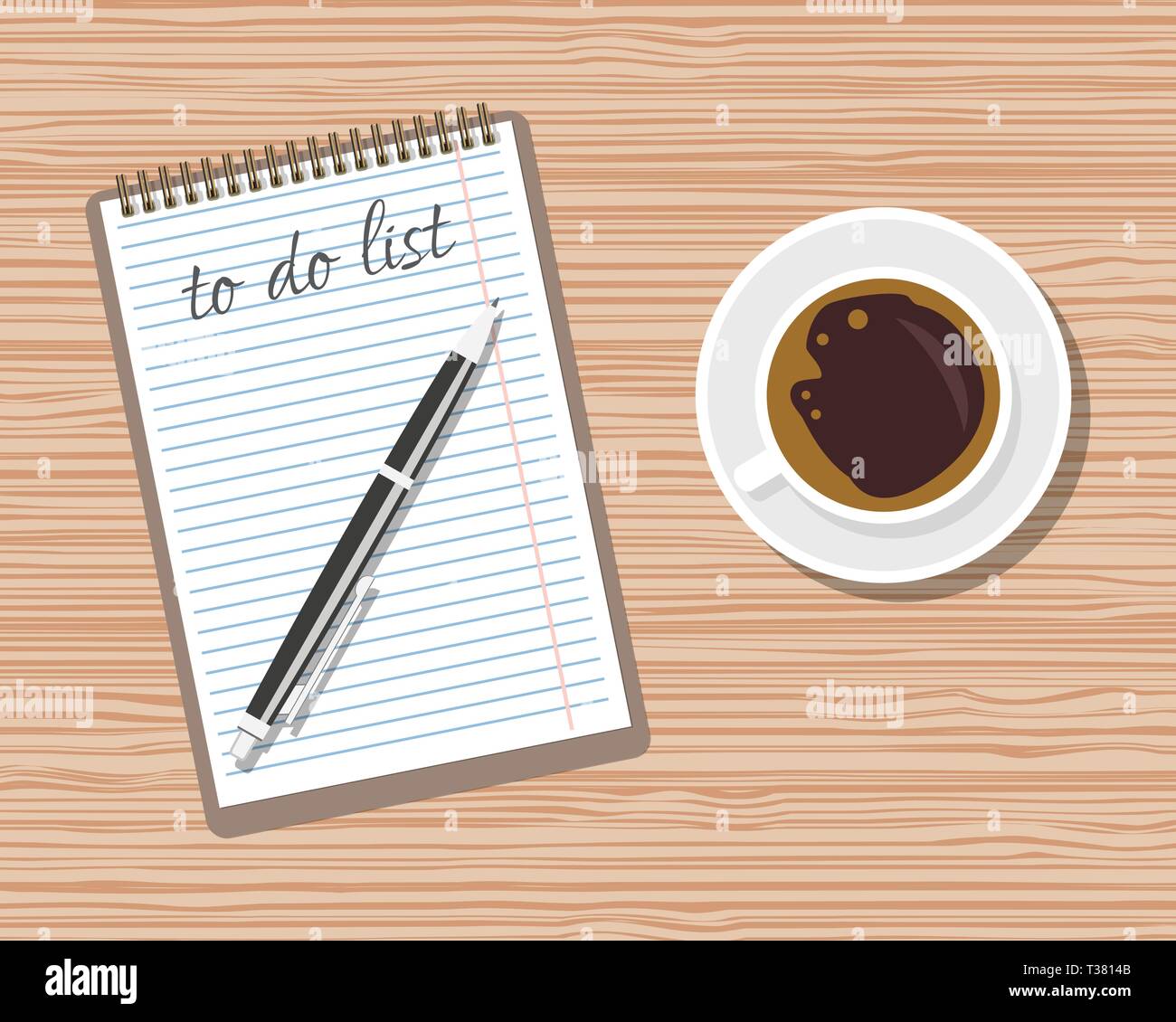 Office wooden desk. Coffee and blank memo with pen. vector illustration ...