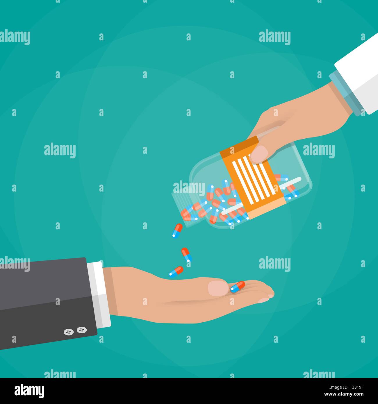 Pharmacist giving medicine pills to patient another hand, vector ...