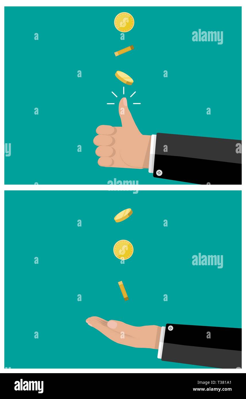 hand of businessman tossing and catches a coin. vector illustration in ...