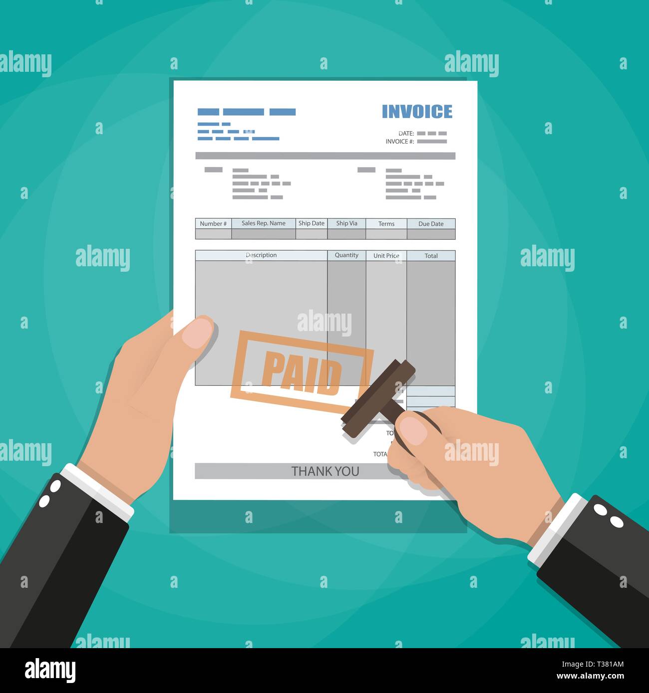 Hand holding invoice and stamp with paid stamp mark. paper invoice form ...