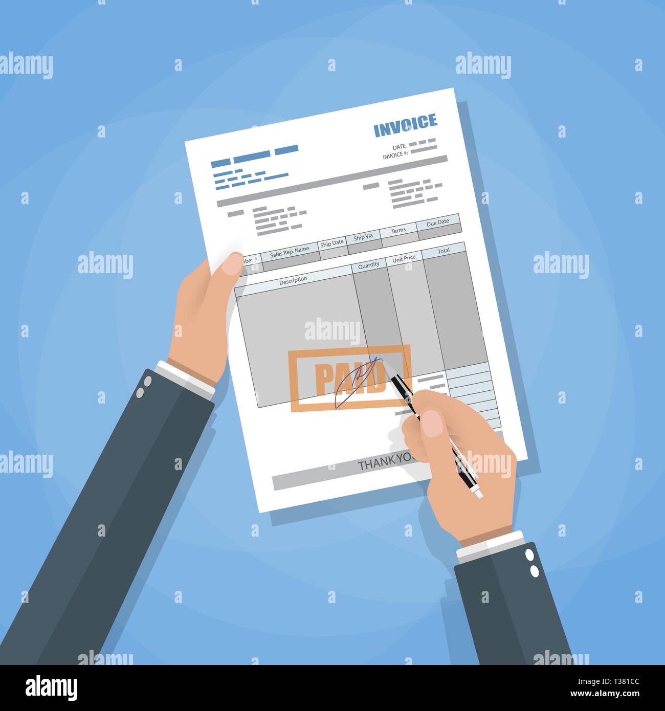 cartoon businessman hands with sign payment invoice receipt, vector ...