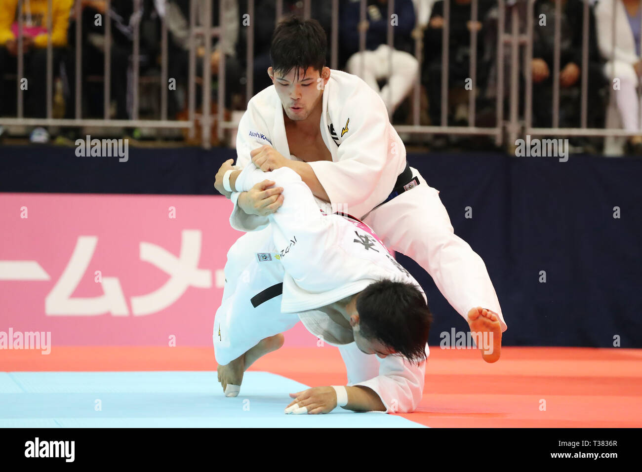 Fukuoka, Japan. 7th Apr, 2019. (U to D) Shohei Ono, Soichi Hashimoto ...