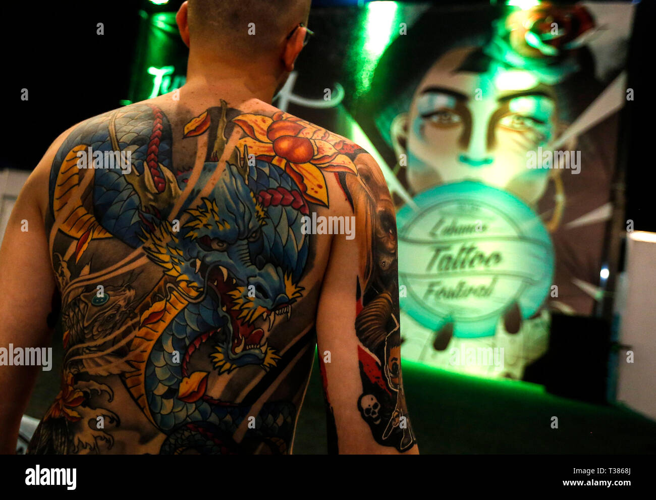 Beirut, Lebanon. 7th Apr, 2019. A man is seen with his tattoos during a ...