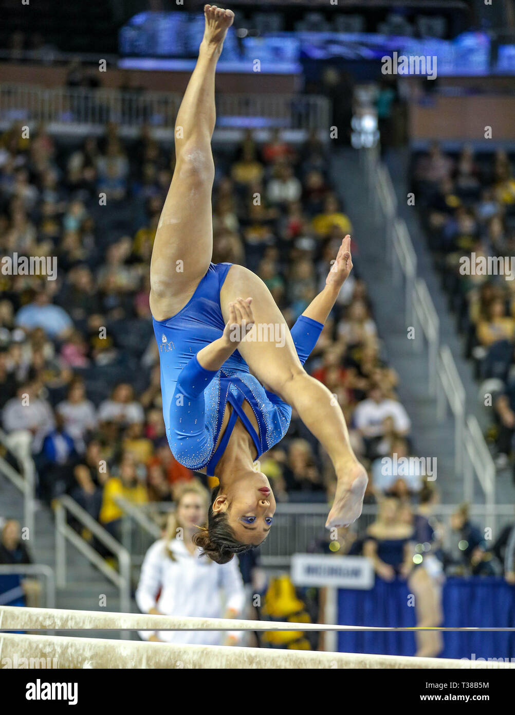 Ann Arbor, MI, USA. 6th Apr, 2019. UCLA's Brielle Nguyen does a flip on ...
