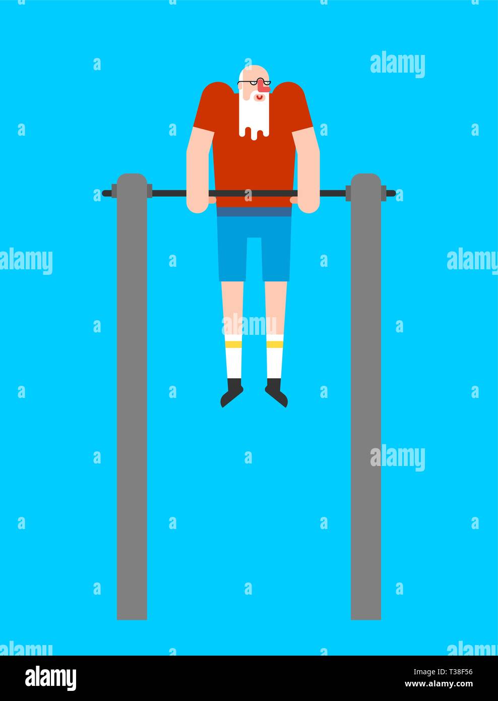 Grandfather on horizontal bar. Pull up granddad street workout. Old man ...