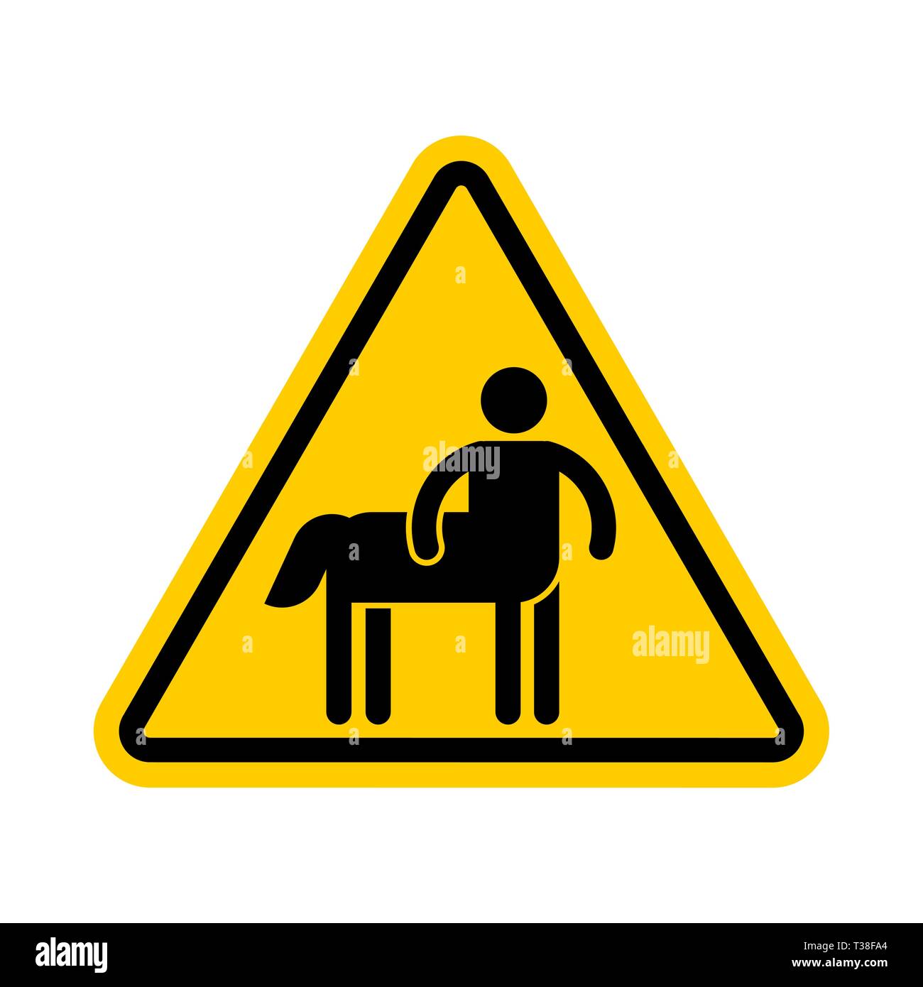 Attention Centaur. Warning yellow road sign Half man half horse ...
