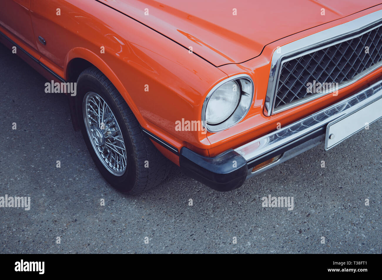 Old restored classic car parked on the road. Restoration of classical ...