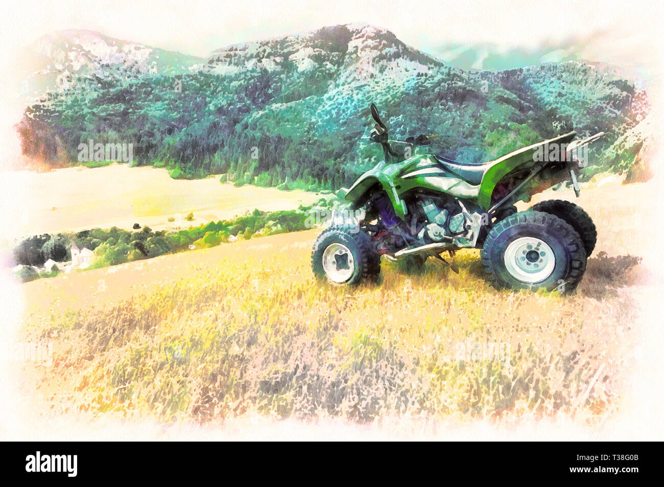 Green Quad in landscape. Computer painting effect Stock Photo - Alamy