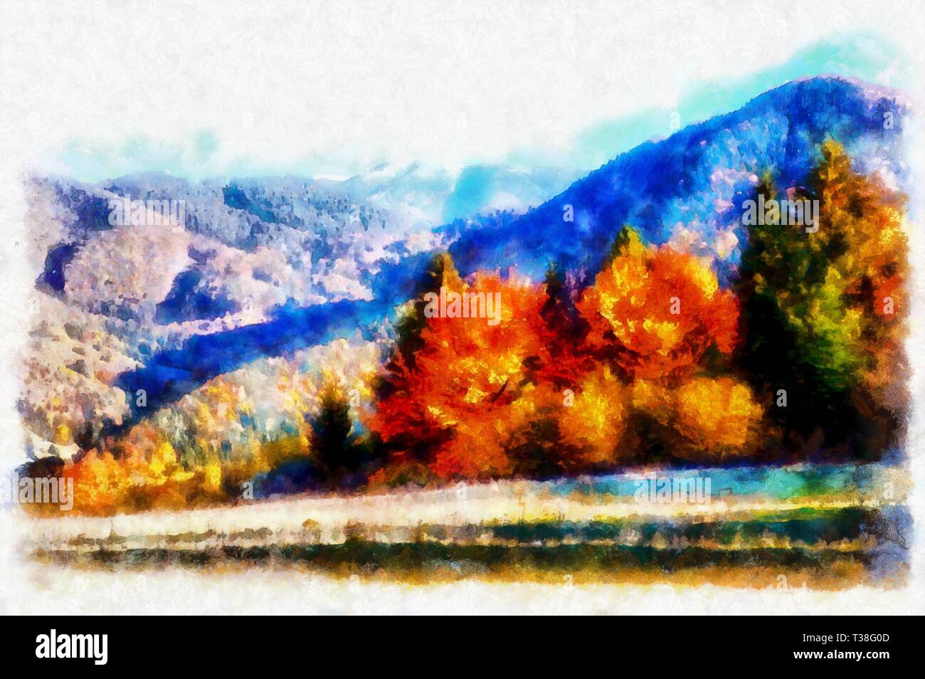 Landscape with mountains and trees, aquarel and computer effect Stock ...