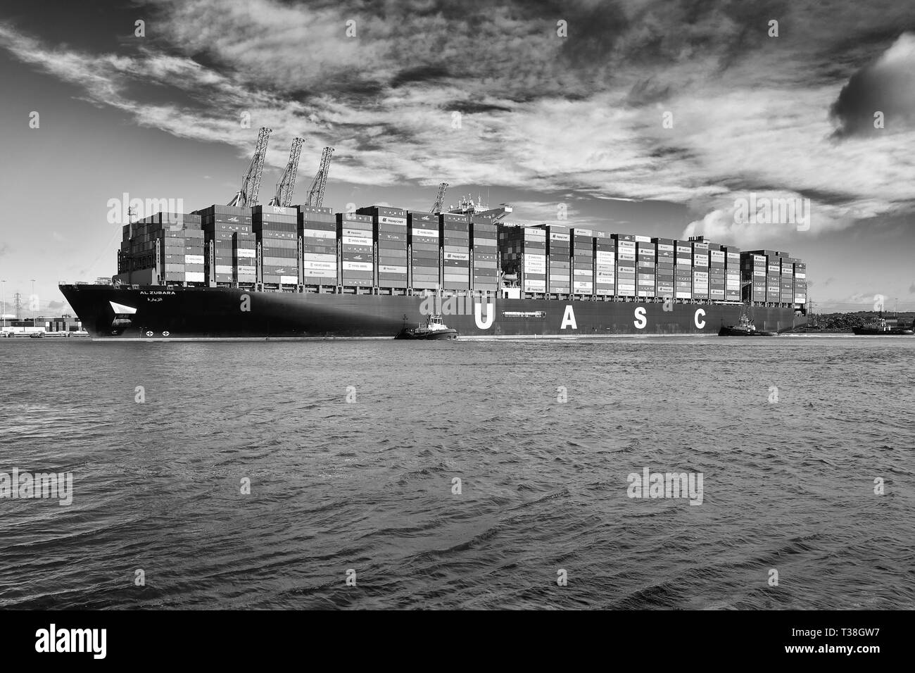 Black And White Photo Of Tugs Guiding The Giant United Arab Shipping ...