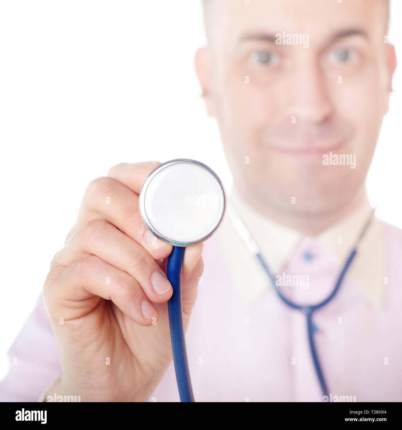 Doctor with a stethoscope bell in his hand on white background Stock ...