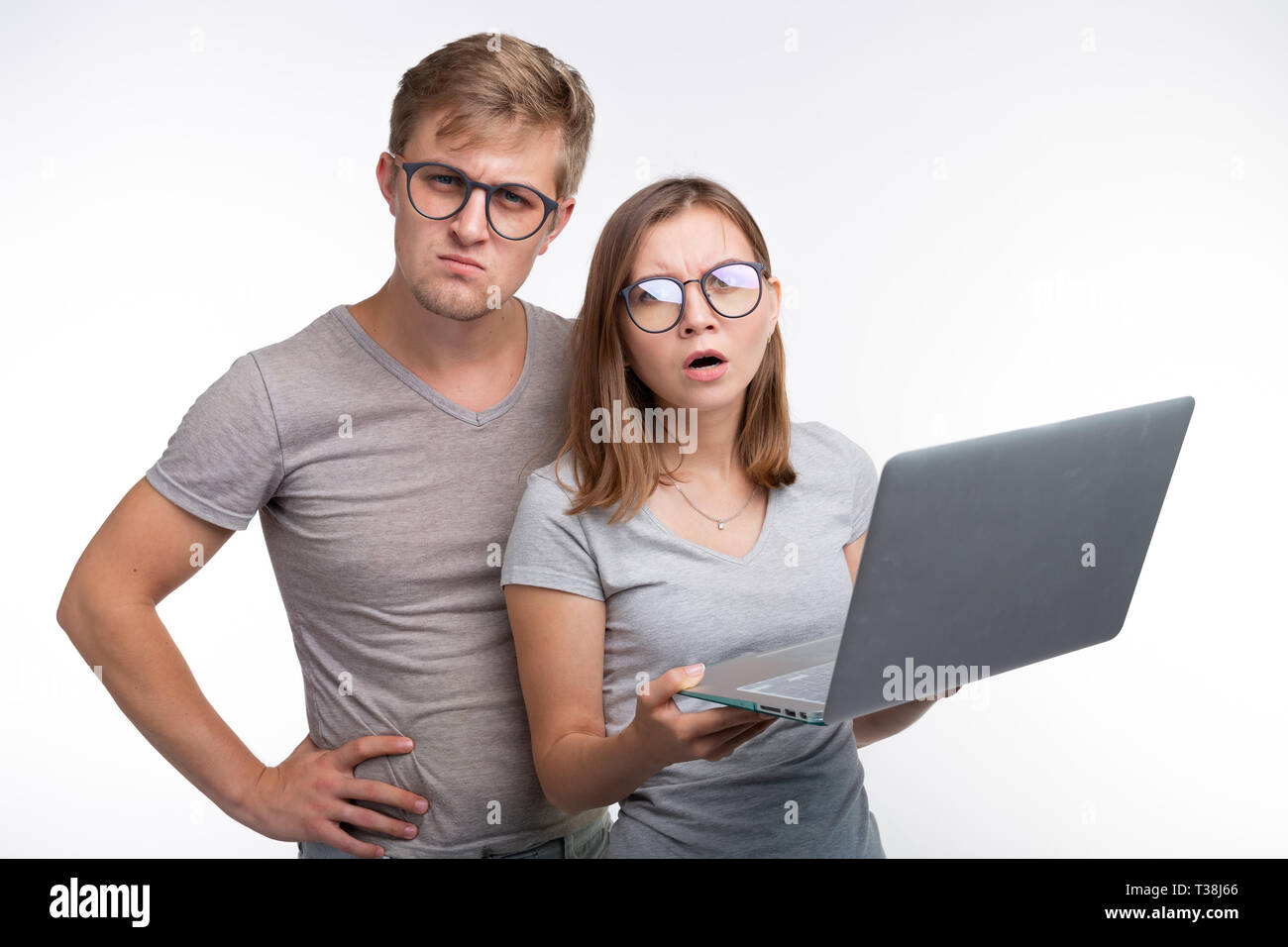 Nerds, study, people concept - a couple of student people look with ...