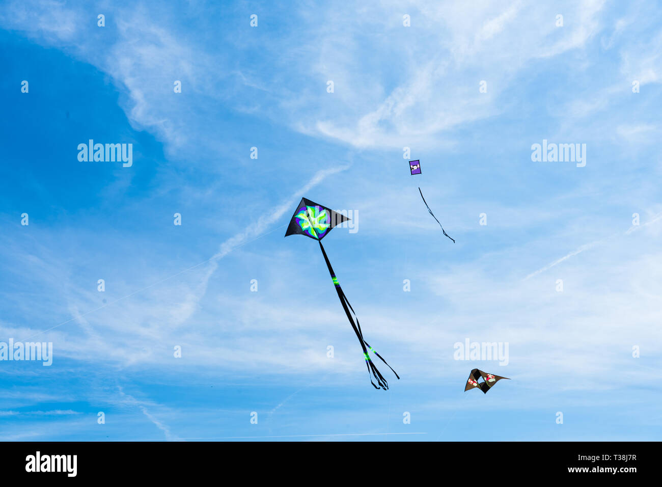 Kites flying in the sky among the clouds.Kite Festival Stock Photo - Alamy