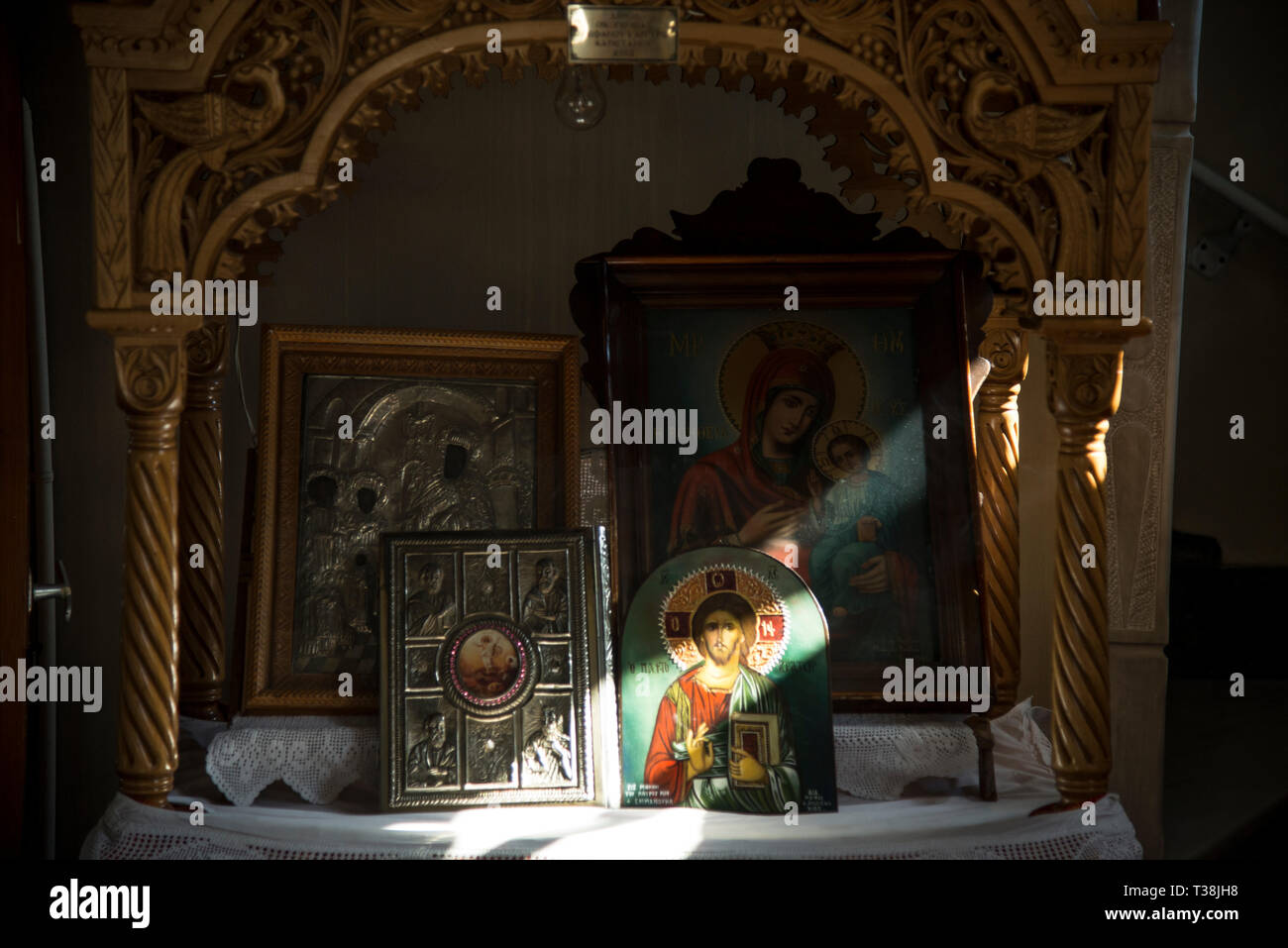 Chios, Greece - August 18, 2018: Jesus and Meryem portrait paintings in ...