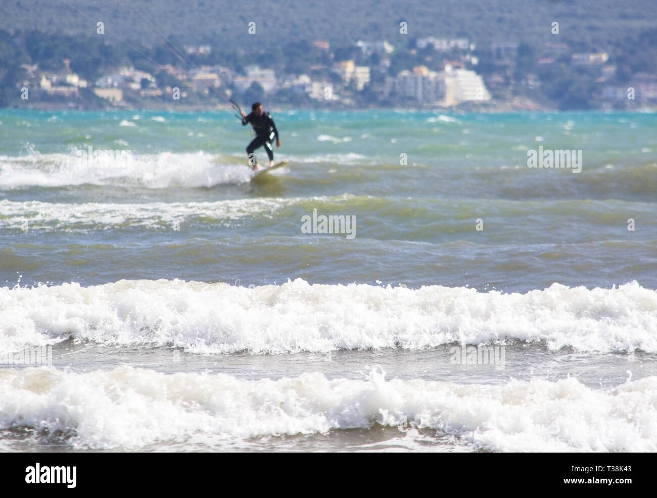 CAN PASTILLA, MALLORCA, SPAIN - APRIL 6, 2019: Foamy waves with plurry ...