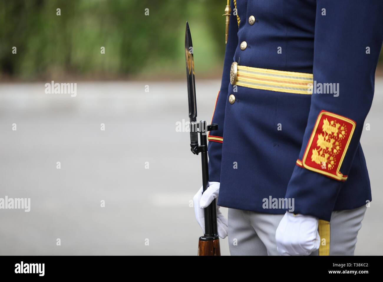 Details with the uniform and weapon with bayonet of a Romanian Guards ...