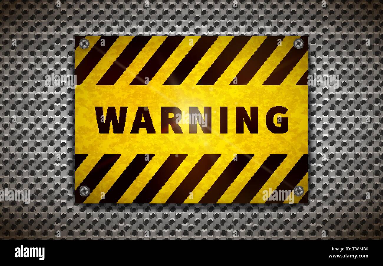 Bright yellow warning plate on metallic grid, industrial background ...