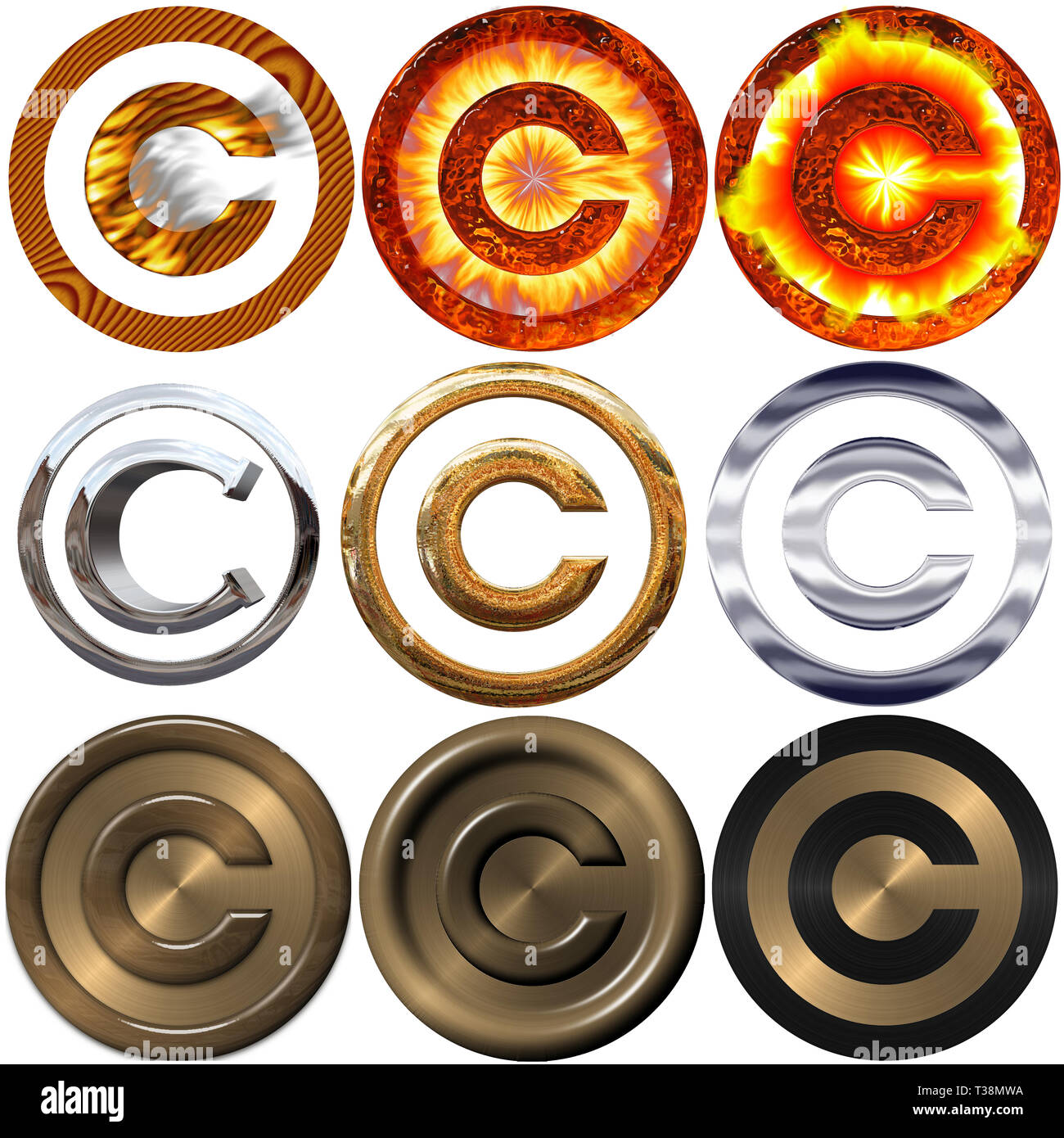 3D rendering. Nine copyright signs of different textures Stock Photo ...