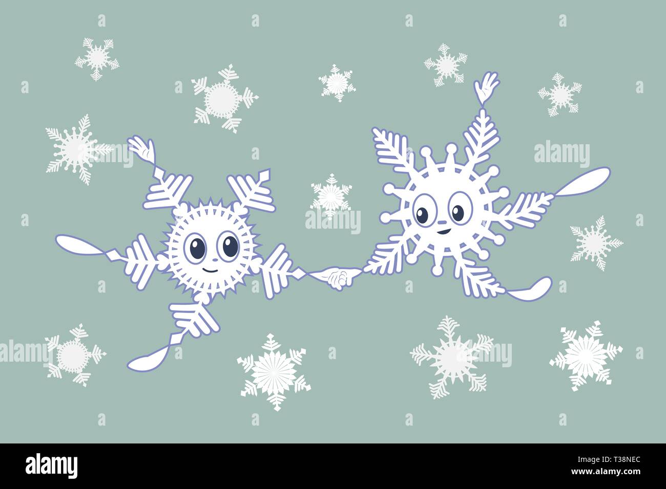 A cute couple of cartoon snowflakes are isolated on a simple background ...
