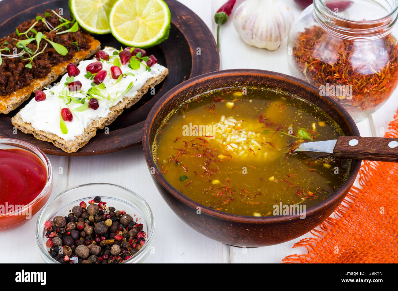 Spicy soup kharcho with rice. Studio Photo Stock Photo - Alamy