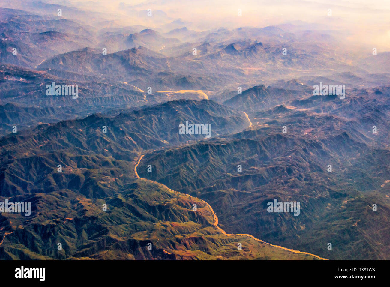 Aerial view of Chindwin River, largest tributary of the Irrawaddy River ...