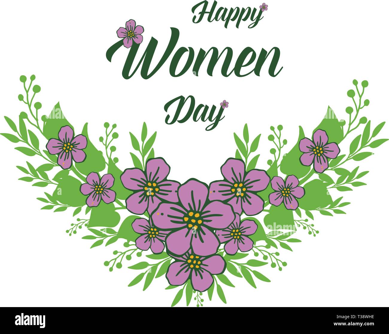Vector illustration happy women day with purple flower frame hand drawn ...